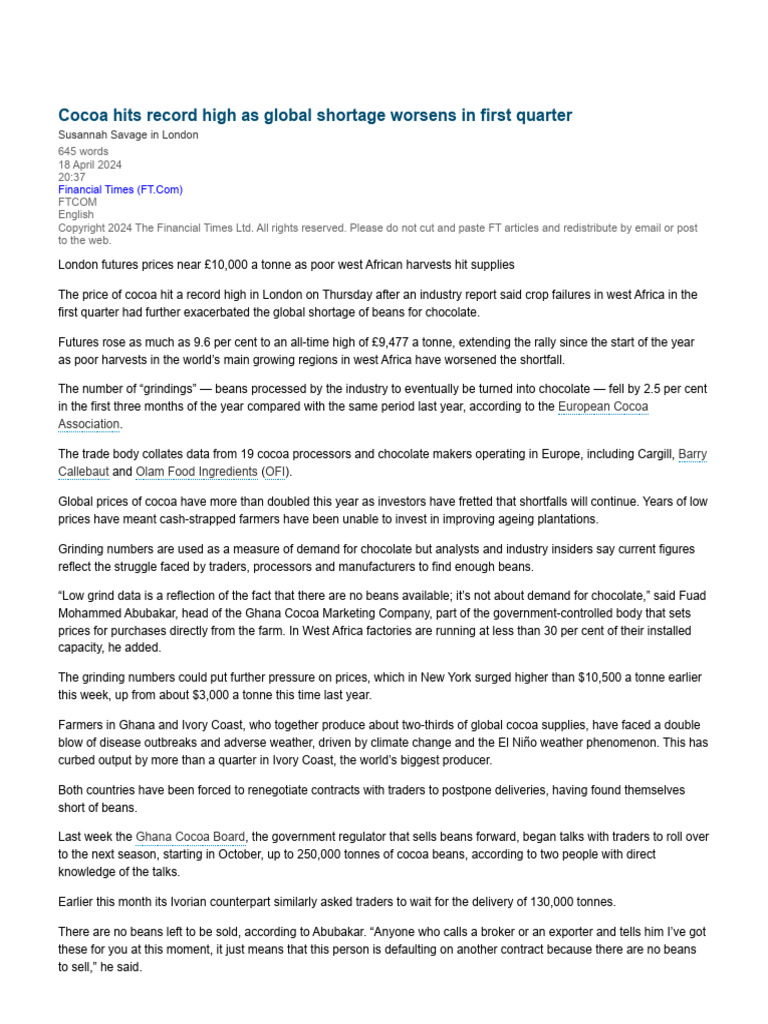 Cocoa Hits Record High As Global Shortage Worsens in First Quarter ...