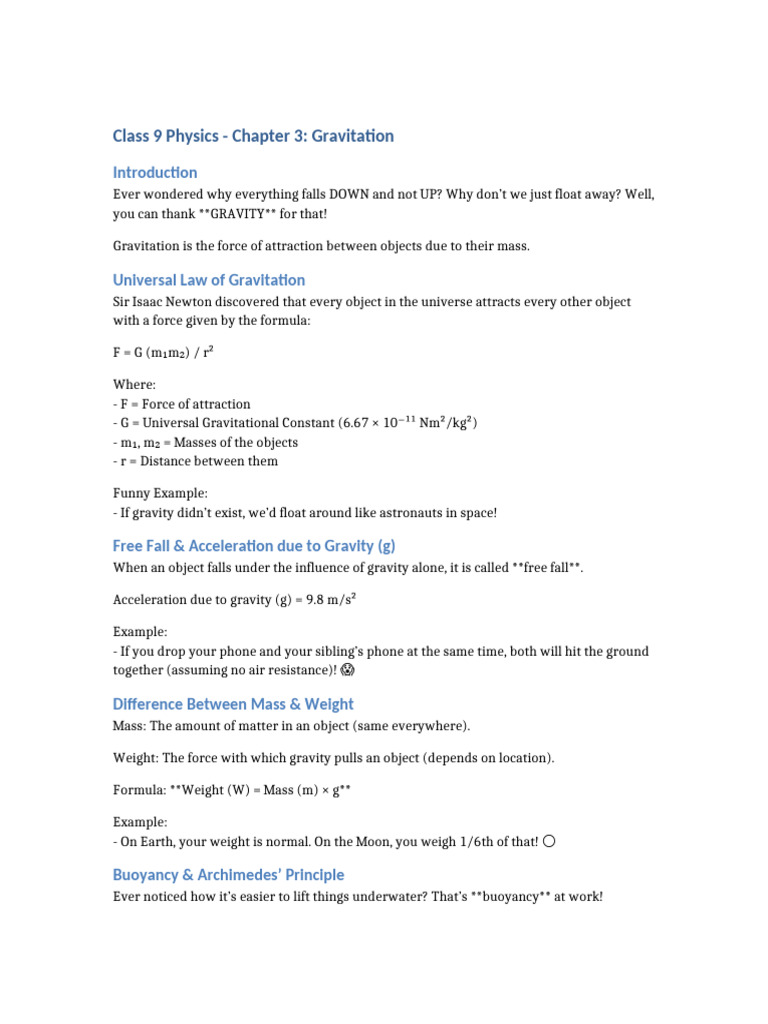 Class 9 Physics Chapter 3 Gravitation | PDF