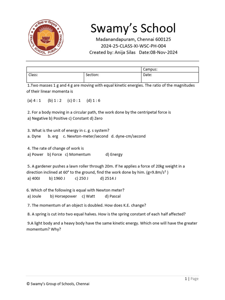 Class XI WSC PH 004 | PDF