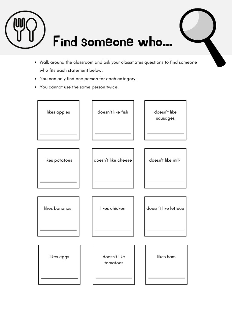 Find Someone Who Worksheet in Grey and White Simple Style | PDF