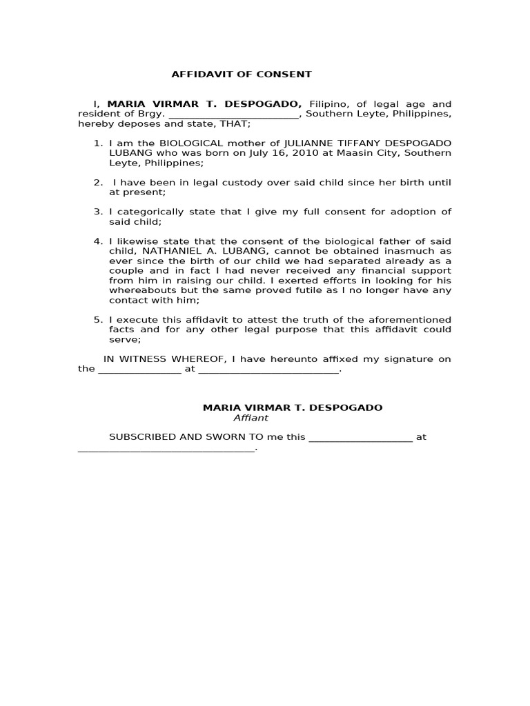AFFIDAVIT OF CONSENT. Adoption | PDF
