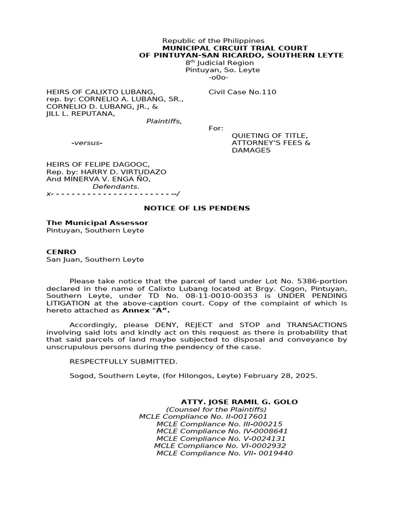 Notice of Lis Pendens. Lubang | PDF | Lawsuit | Justice