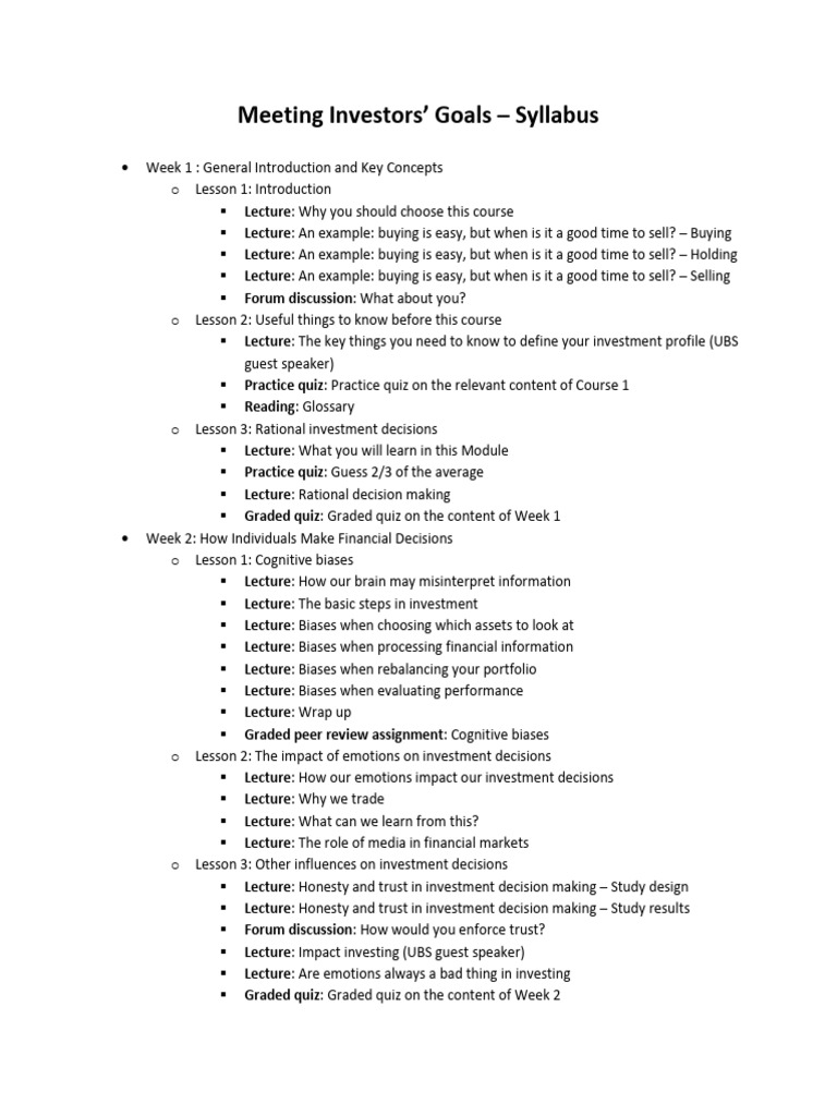 Investors' Goals Course Syllabus | PDF | Financial Crises | Efficient ...