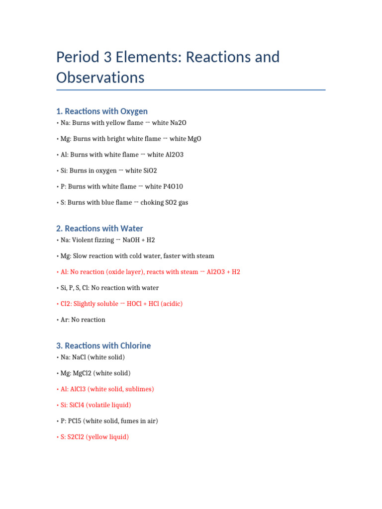 Period 3 Reactions Summary CIE Chemistry | PDF