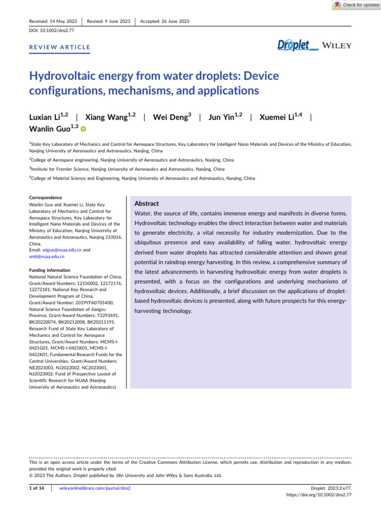 3_Droplet - 2023 - Li - Hydrovoltaic Energy From Water Droplets Device Configurations Mechanisms ...