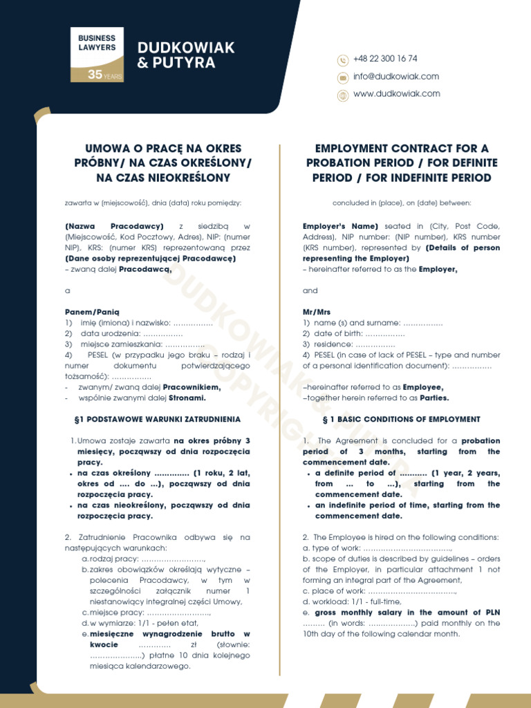Polish Employment Contract Template PDF | PDF