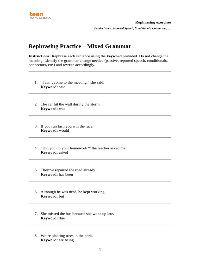 Rephrasing Exercises-Reported speech-Passive-Conditionals-Connectors | PDF