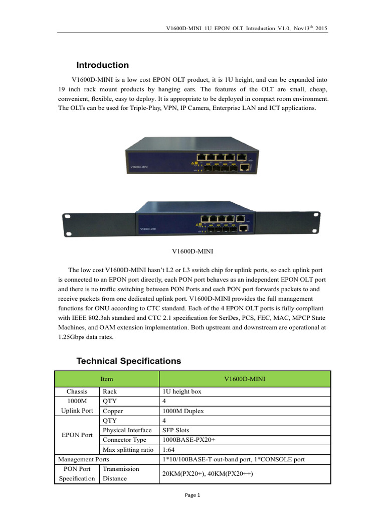 V1600d-Mini Epon Olt Introduction v1.0 | PDF | Computer Architecture | Communications Protocols