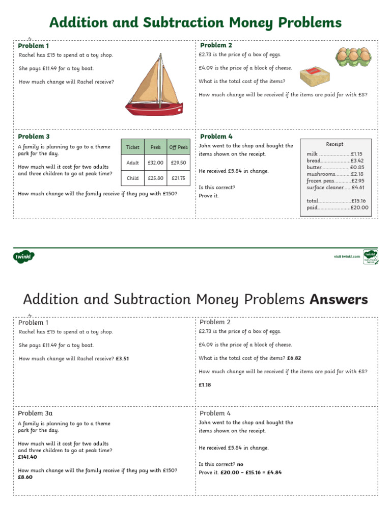 Addition and Subtraction Money Problems | PDF
