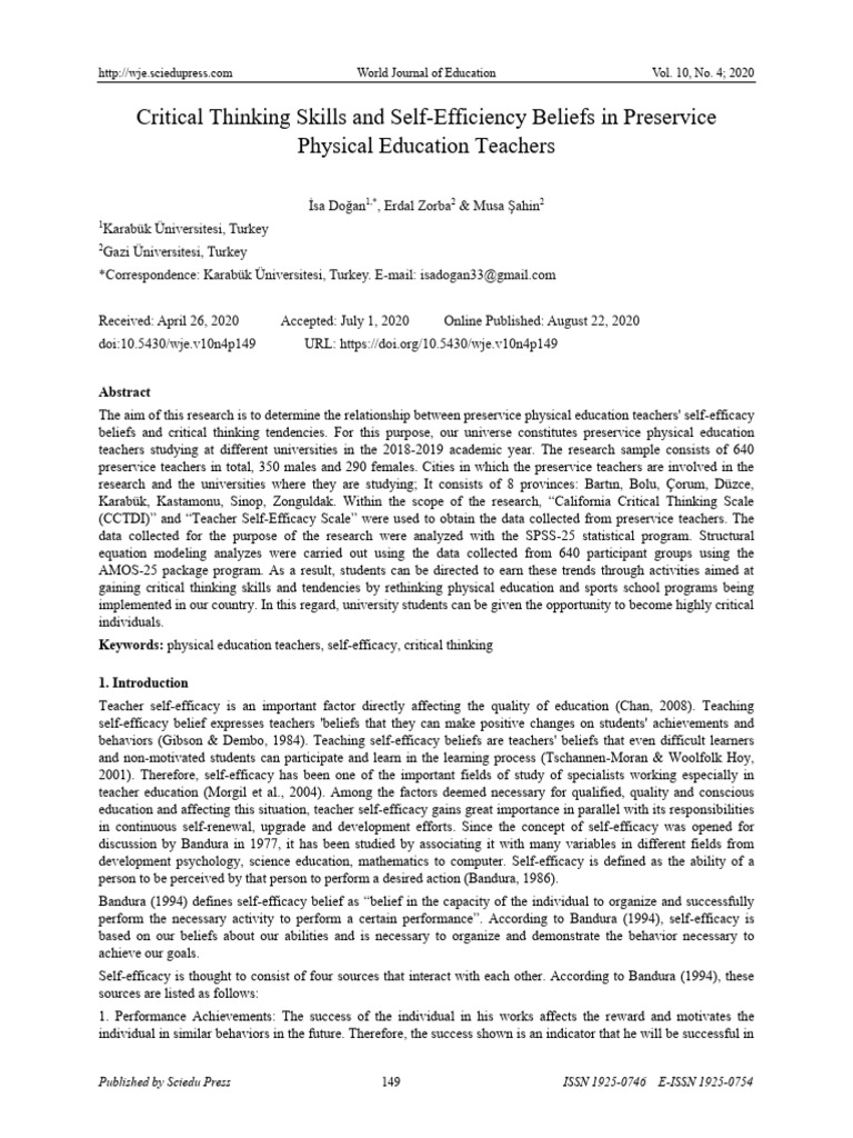 Critical Thinking Skills and Self Effici | PDF | Self Efficacy ...