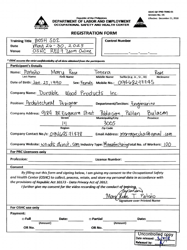 BOSH Registration Form | PDF