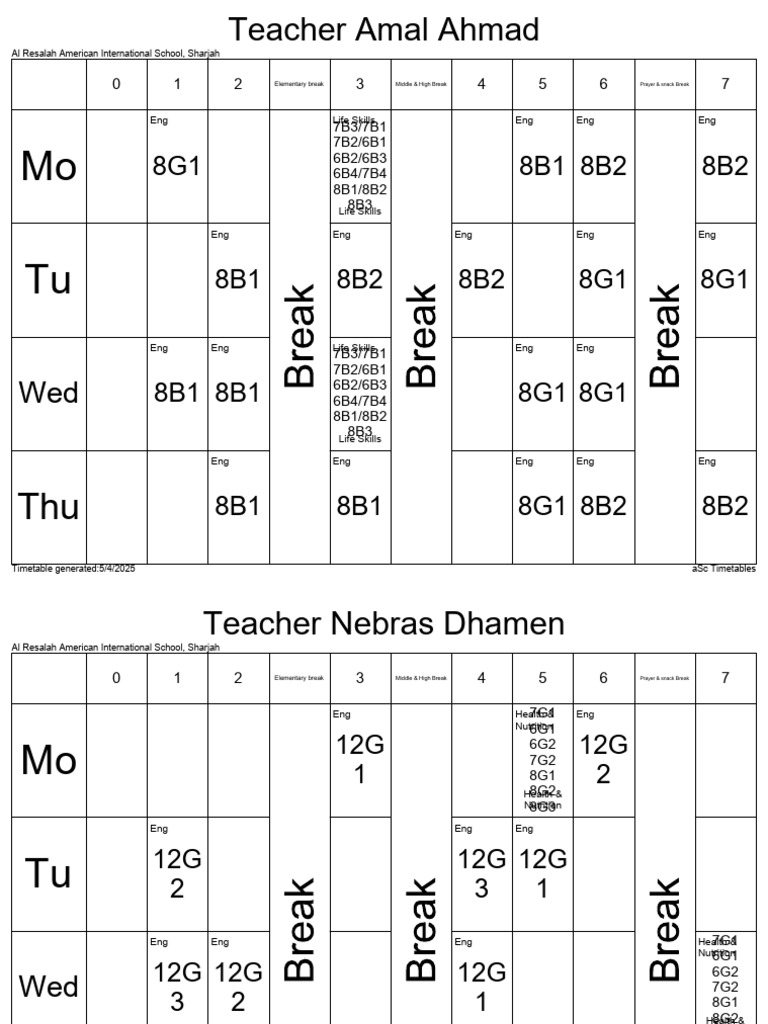 Teachers' Timetable, Semester 2, Copy 36, May 4th | PDF