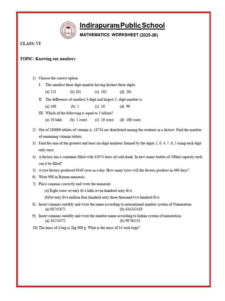 Worksheet Class-6 Ch-1-1 | PDF