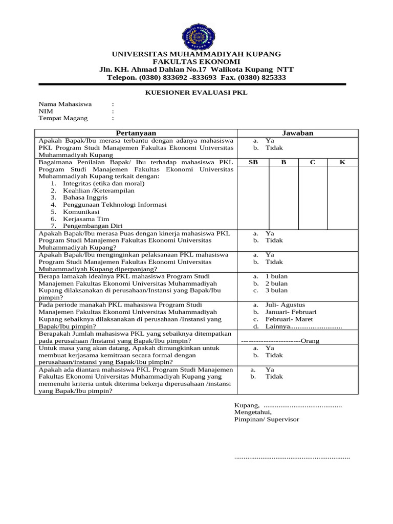 Daftar Nilai Dan Kuesioner Evaluasi PKL Manajemen | PDF