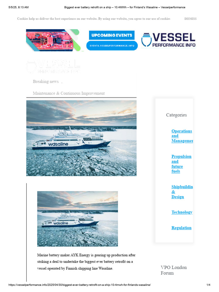 Biggest Ever Battery Retrofit On A Ship - 10.4MWh - For Finland's Wasaline - Vesselperformance | PDF