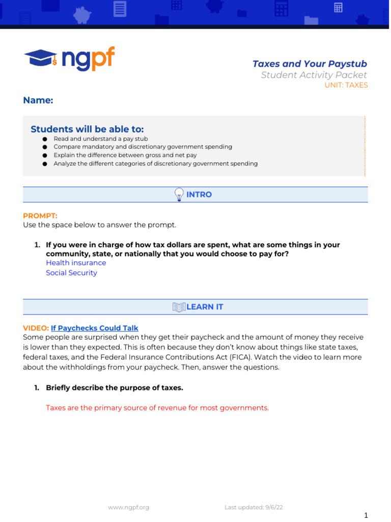 Taxes and Your Paystub Student Activity Packet | PDF | Paycheck ...