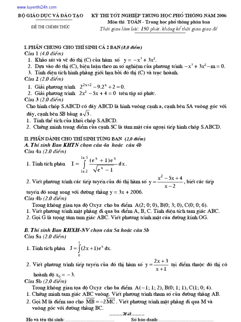 C©U 1 (4,0 ®ióm) : Thêi Gian L M B I: 150 Phót, KH NG Kó Thêi Gian Giao ®Ò | PDF