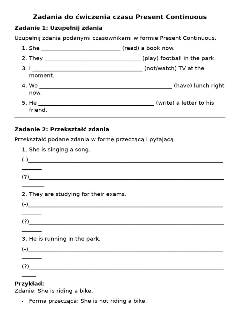 Zadania Do Ćwiczenia Czasu Present Continuous | PDF