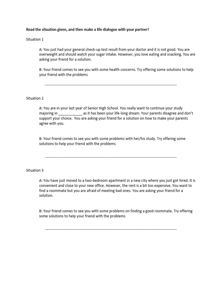 Life Dialogue Scenarios for Problem Solving | PDF