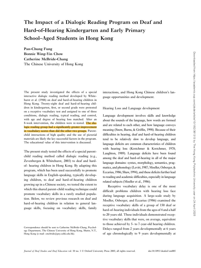 The Impact of A Dialogic Reading Program On Deaf and Hard-of-Hearing Kindergarten and Early ...
