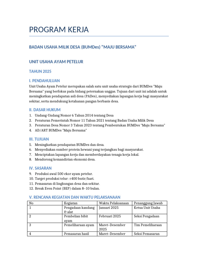 Program Kerja BUMDes Unit Ayam Petelur | PDF