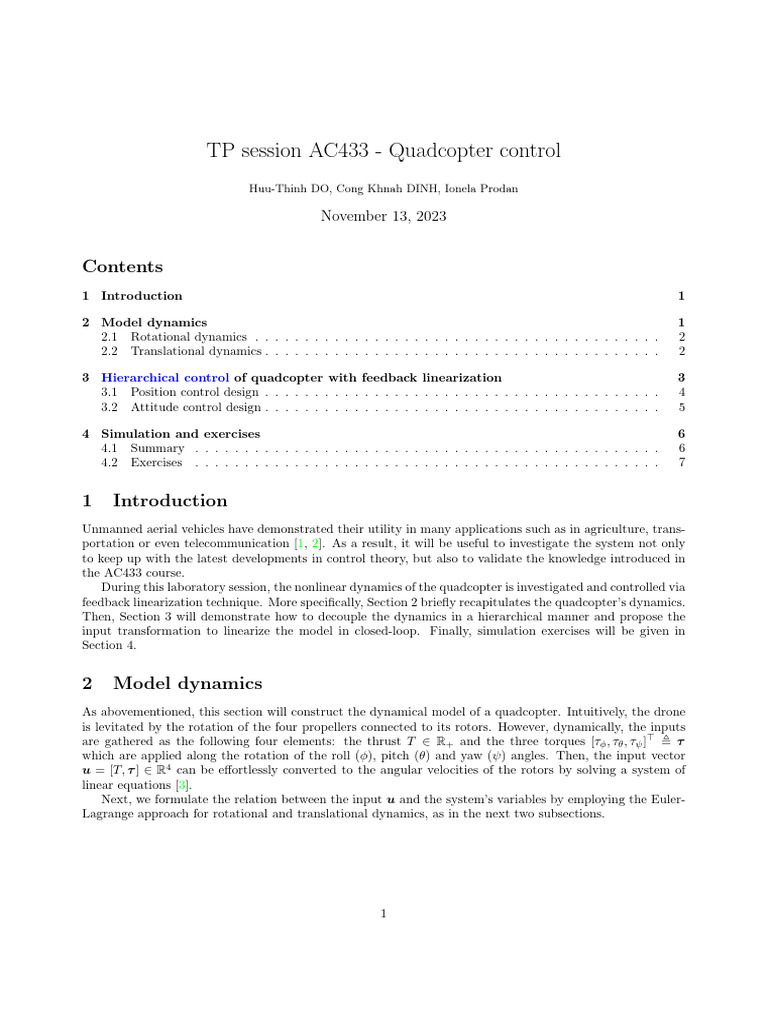 Quadcopter Control with Feedback Linearization | PDF | Control Theory ...