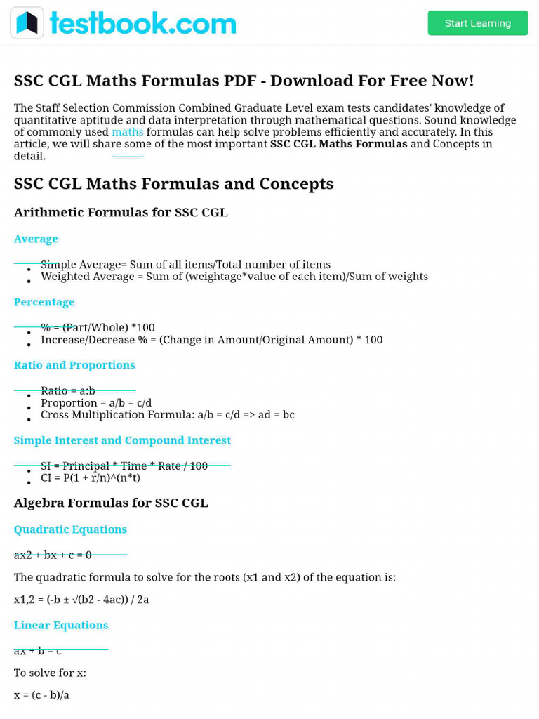 SSC CGL Maths Formulas PDF - Download For Free Now! | PDF