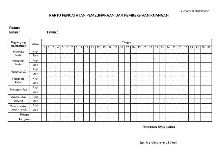 11. FORM CEKLIS PEMELIHARAAN DAN PEMBERSIHAN RUANGAN | PDF