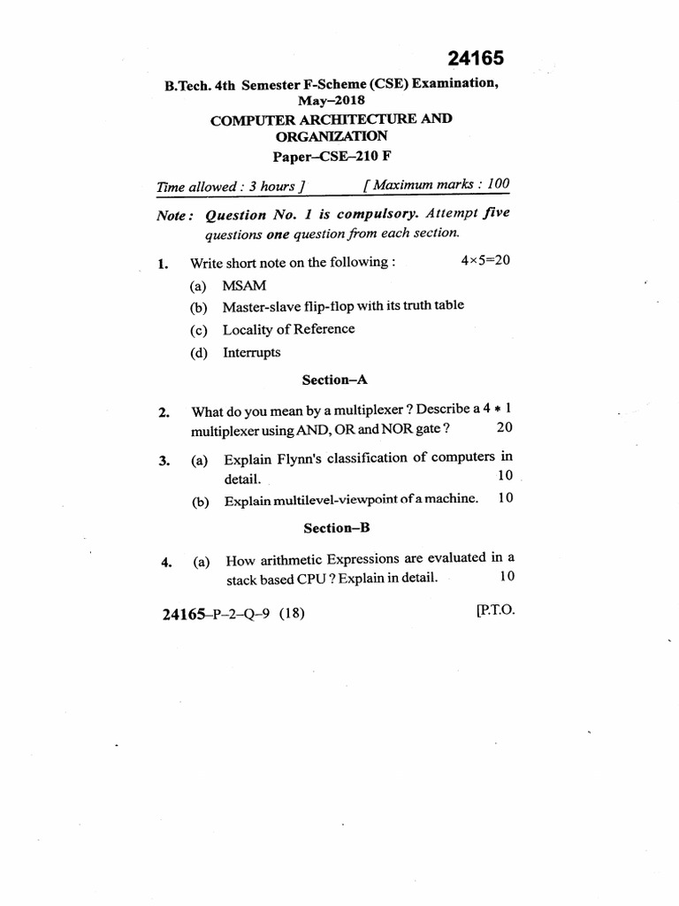Btech Cse 4 Sem Computer Architecture and Organization 24165 May 2018 | PDF