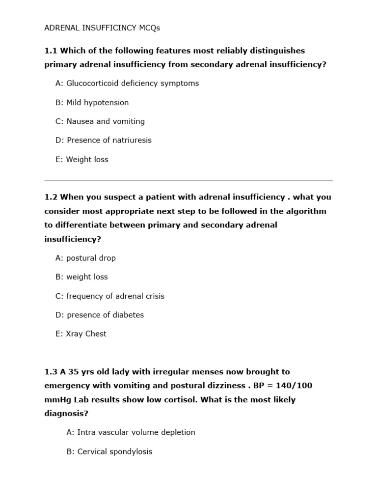 Adrenal Insufficiency Diagnostic MCQs | PDF