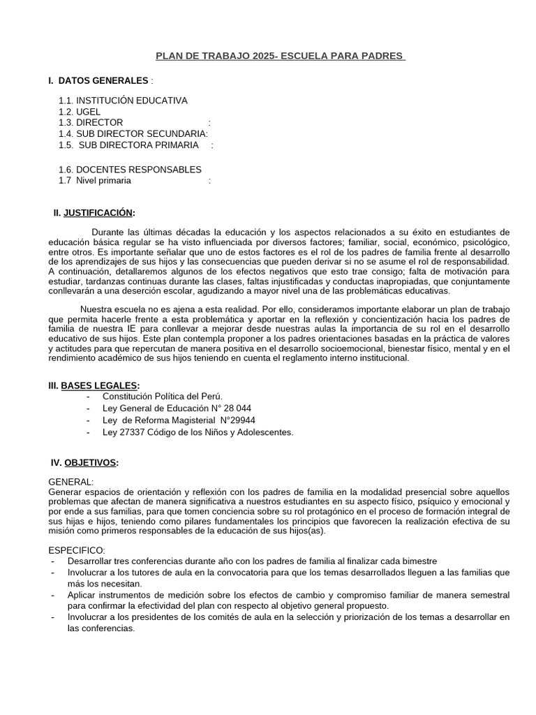 Escuela para Padres - Plan de Trab. 2025 | PDF | Escuelas | Educación primaria