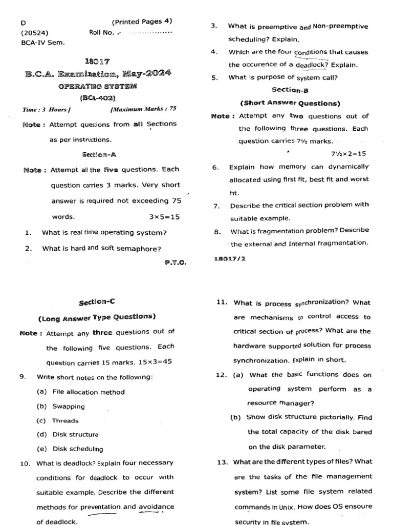 Bca 4 Sem Operating System 18017 May 2024 | PDF