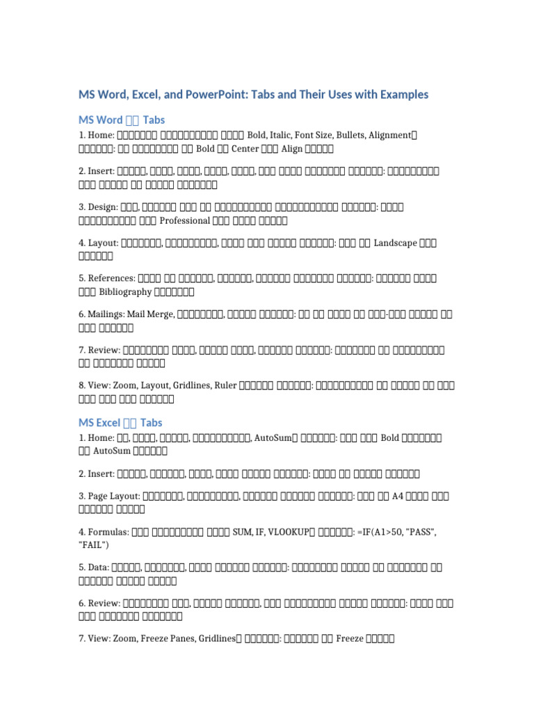 MS Word Excel PPT Tabs Uses Examples | PDF