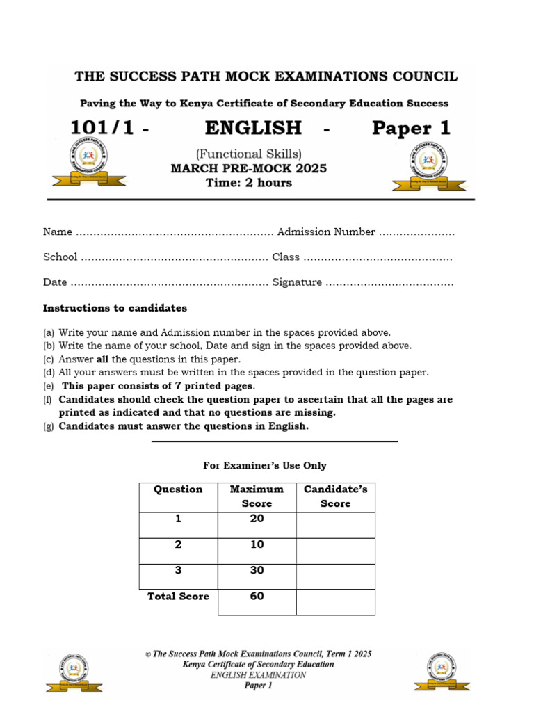 Pre-Mock English Pp1 Qs 2025 | PDF | Syntax | Grammar