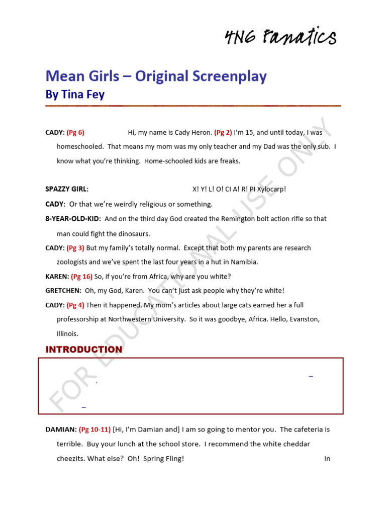 Mean Girls Original Screenplay by Fey | PDF