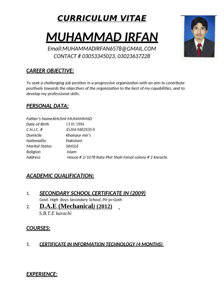 CV MUHAMMAD IRFAN - Muhammad Irfan | PDF