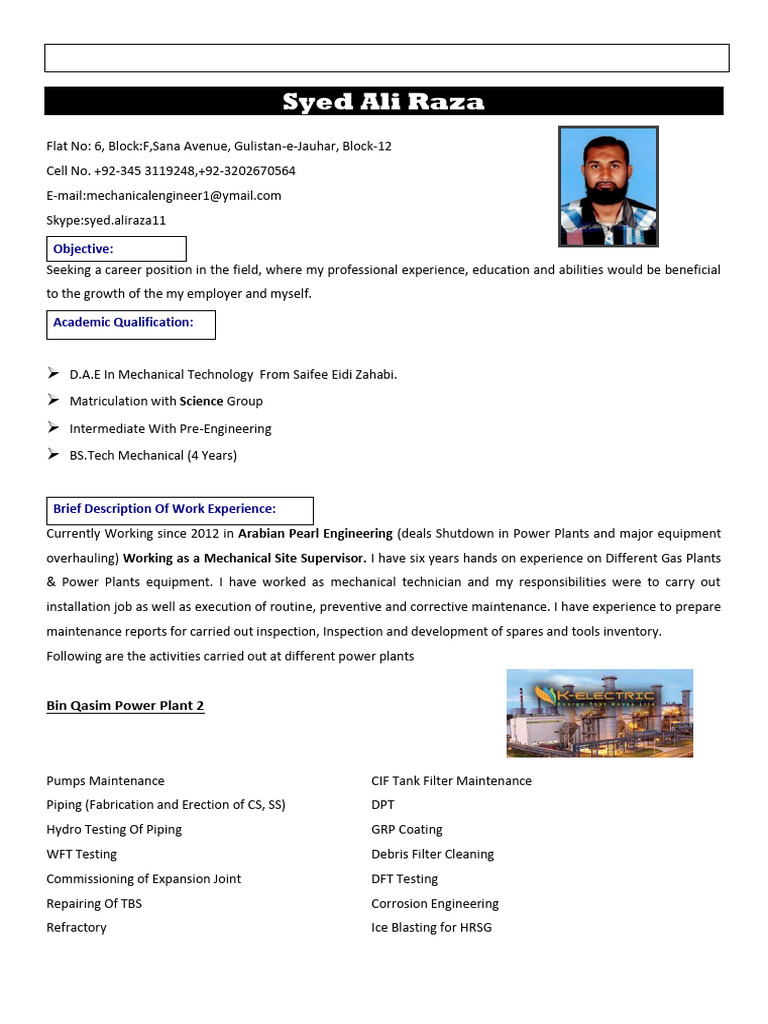 CV SYED ALI RAZA - Ali Raza | PDF | Power Station | Occupational Safety ...