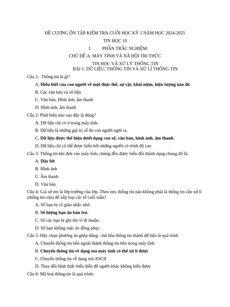 Đề Cương Ôn Tập Kiểm Tra Cuối Học Kỳ 1 Năm Học 2024 (Phân Tn) | PDF