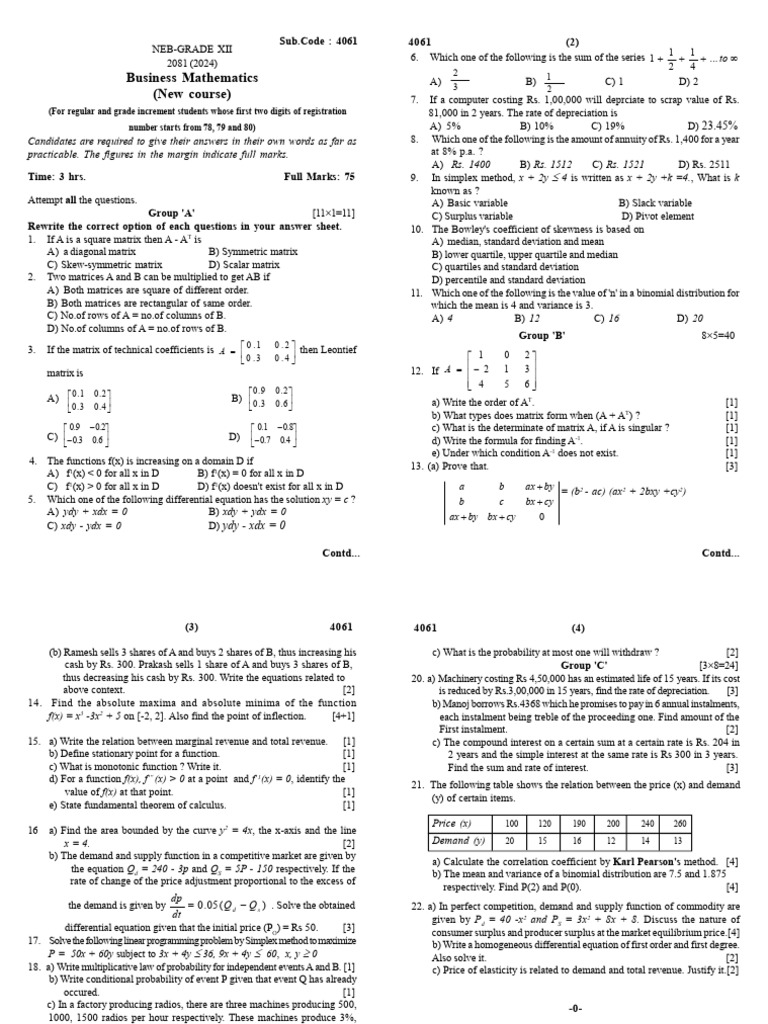 Business Mathematics (4061) | PDF | Matrix (Mathematics) | Demand