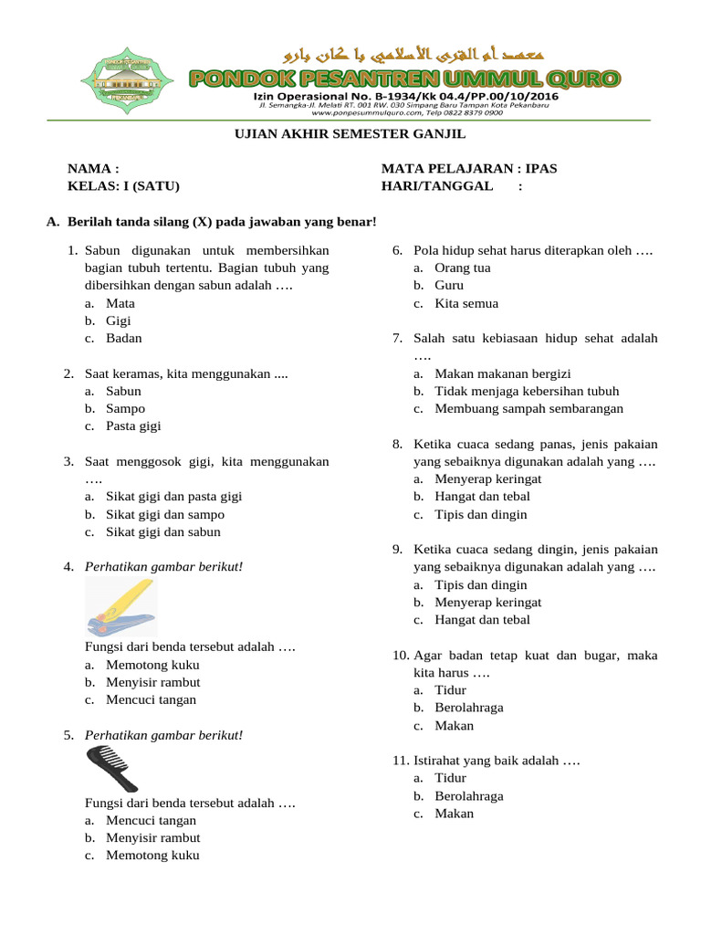 UAS Ganjil IPAS Kls 1 | PDF