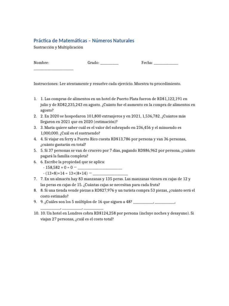 Practica Matematicas Numeros Naturales | PDF