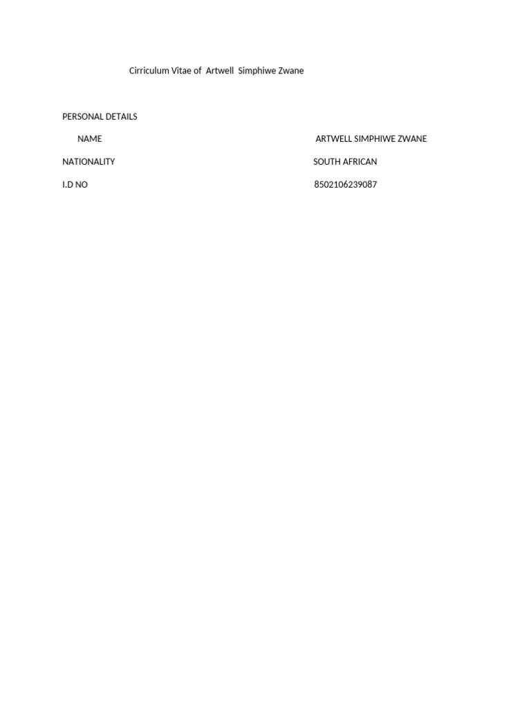 Cirriculum Vitae of Artwell Simphiwe Zwane | PDF