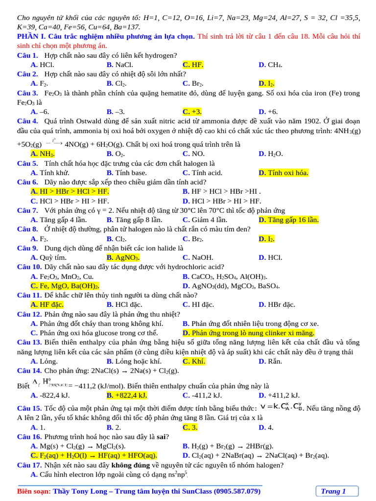 Đề Thi HK2 Hoa 10 Cấu Truc 2025 | PDF