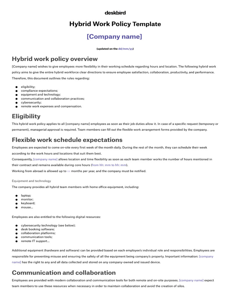 64ed93c95ee7db085f31cdd4 - Hybrid Work Policy Template Deskbird | PDF ...