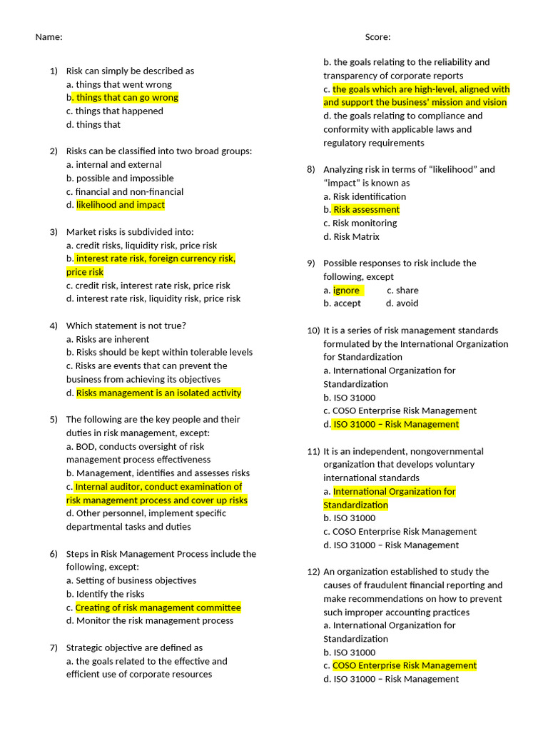 GBRC Quiz - Docx WITH ANSWER | PDF | Risk | Risk Management