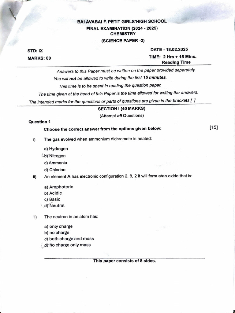 Chemistry Petit Second Term Examination 2024-25 | PDF | Acid | Oxide