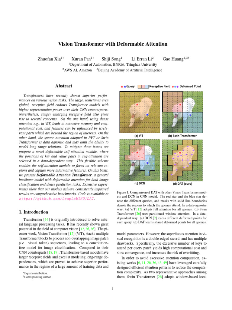 Vision Transformer With Deformable Attention Xia Pan Song Li Huang Arxiv 2201.00520 2022 | PDF ...