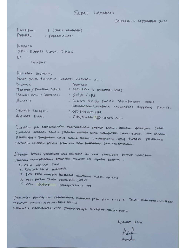 Surat Lamaran Asriani | PDF