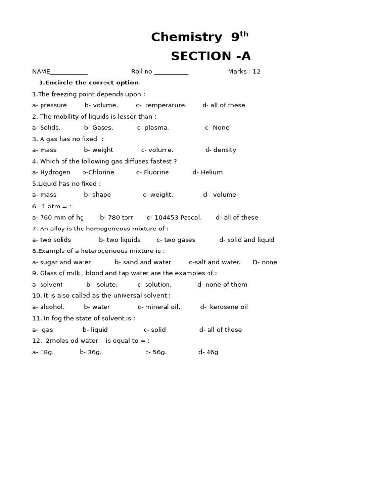 chem 9th mcqs | PDF