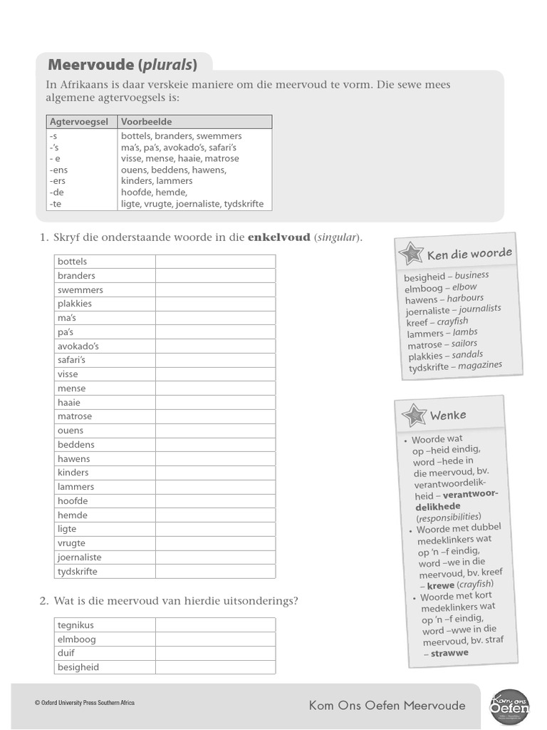 Graad 7 Afrikaans EAT Kom Ons Oefen Meervoude | PDF